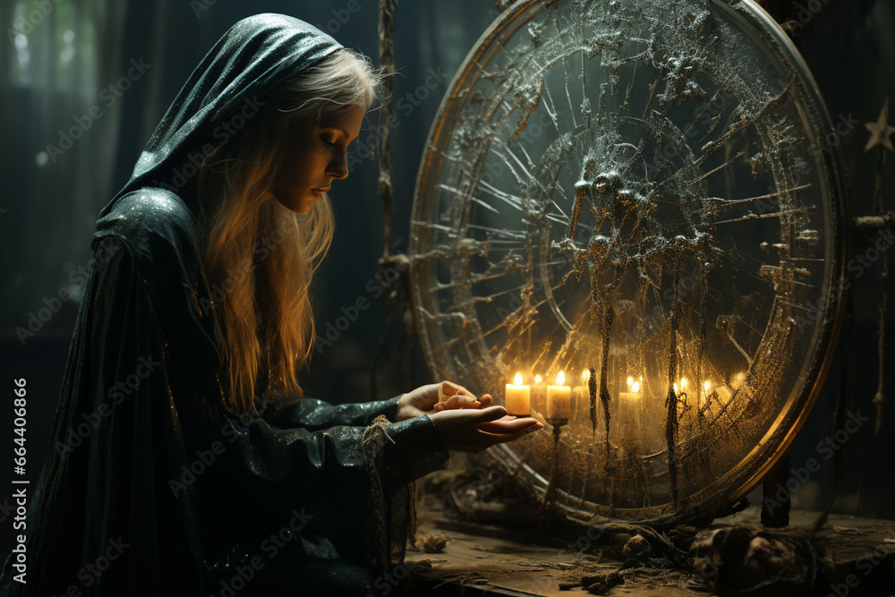 A sorceress gazing into a scrying mirror to receive visions of the ...