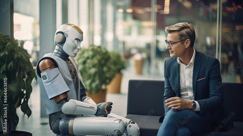 Job interview with futuristic robot in modern office, AI replacing humans, taking our jobs in ...