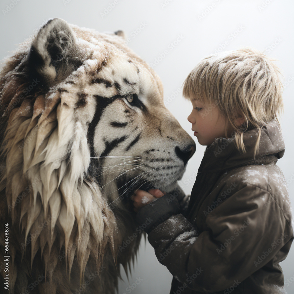 Profile of a fearless Child gently touching the face of a peacfull very ...
