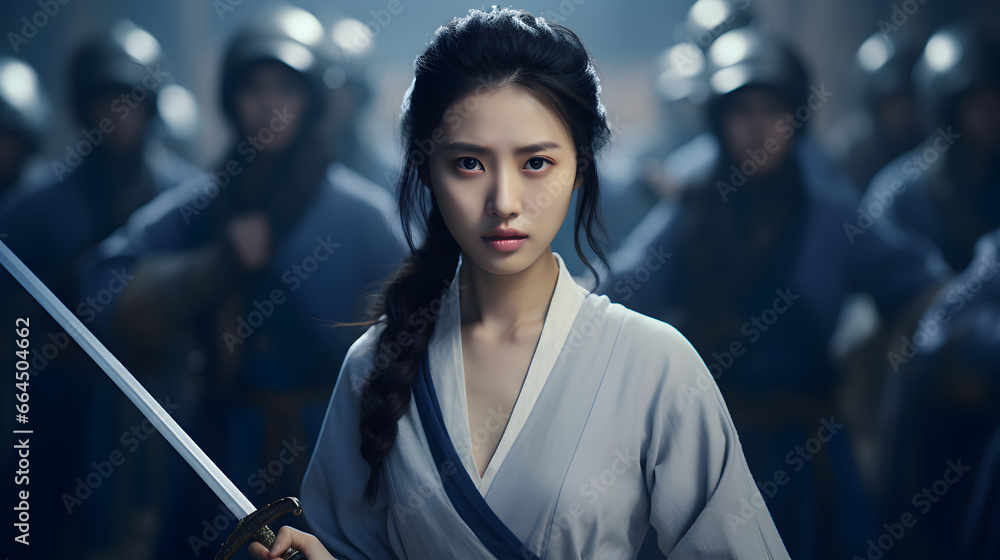 A lovely young Chinese woman, dressed in white hanfu attire ...