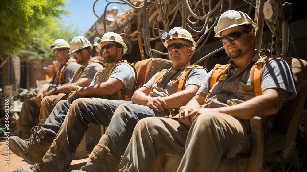 A reflective image of construction workers resting in the shade during ...
