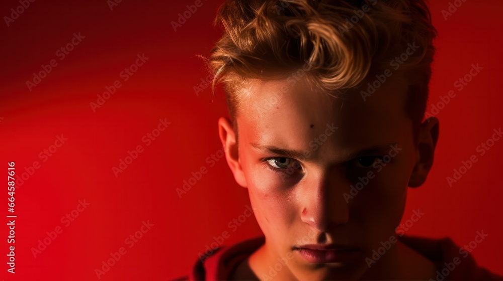 A brooding adolescent male, isolated on a crimson background, grappling ...