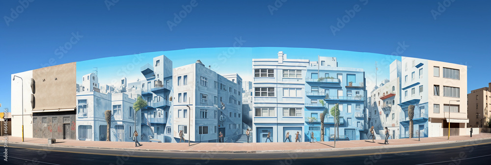 mural covering a whole building facade, optical illusions, pedestrians ...