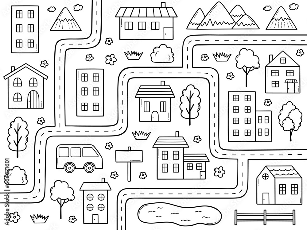 Kids town map doodle. City map with mountains, cars, forest, roads ...