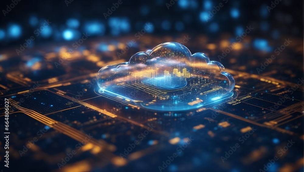 Digital informational technology web futuristic hologram with cloud icon, blue golden light ...