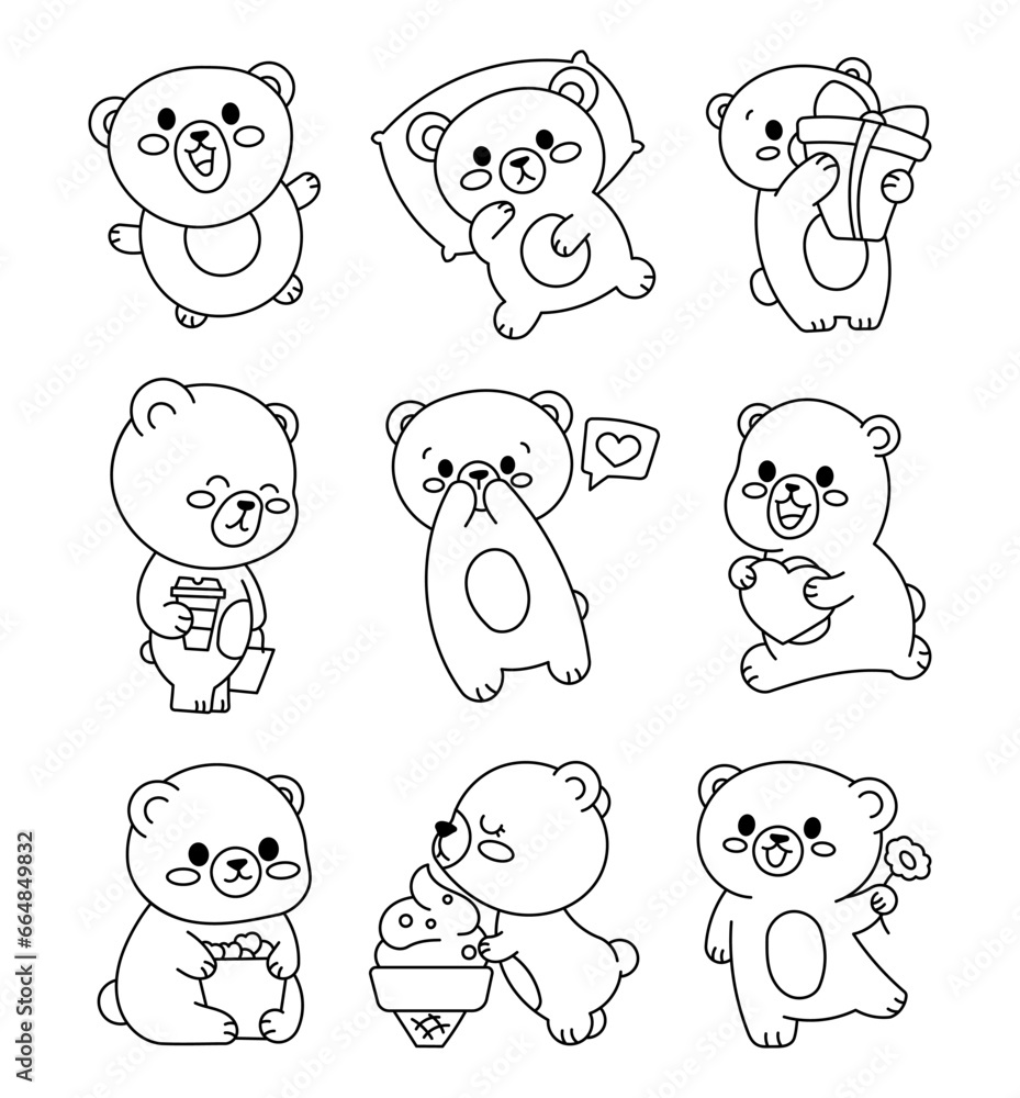 Cute kawaii bear different poses. Coloring Page. Emoji cartoon ...