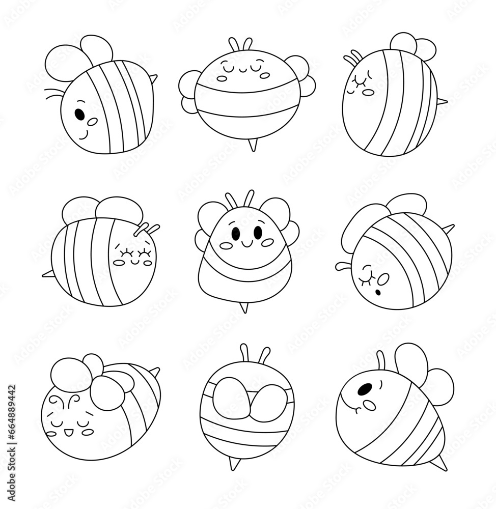 Cute cartoon bee characters. Coloring Page. Honeybee with a smiling ...