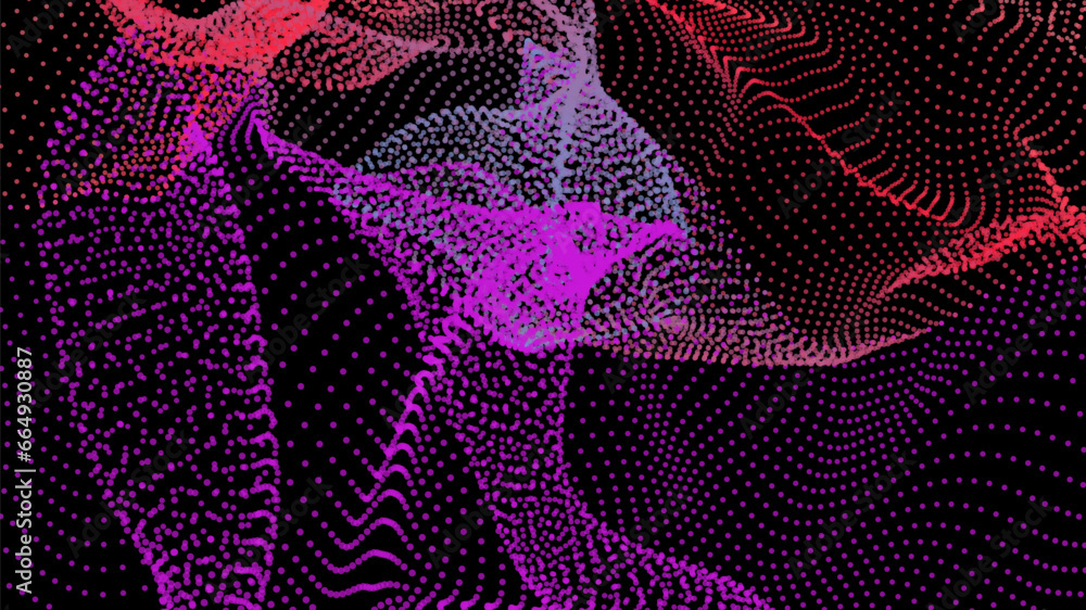 Energy net flows. Dot particle lines penetrating fog. Neon lights ...