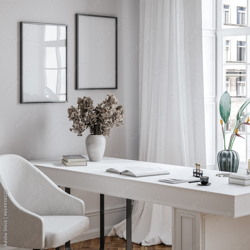 Mockup poster frame in modern home office interior background, 3d ...