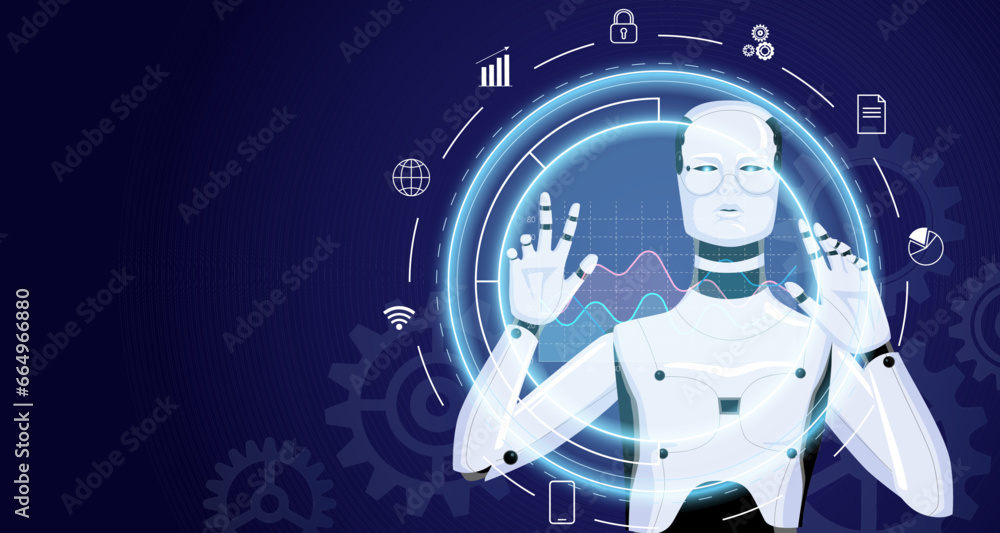 Humanoid robot character touching circle hologram network interface. Artificial intelligence ...