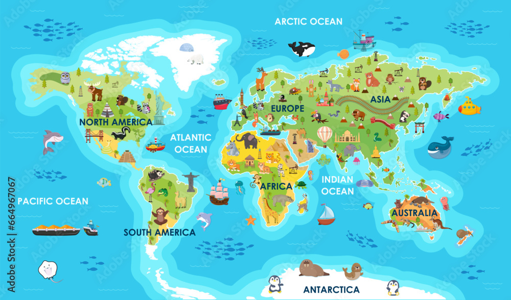 World map with sight, animals, landmarks. Global atlas for children ...