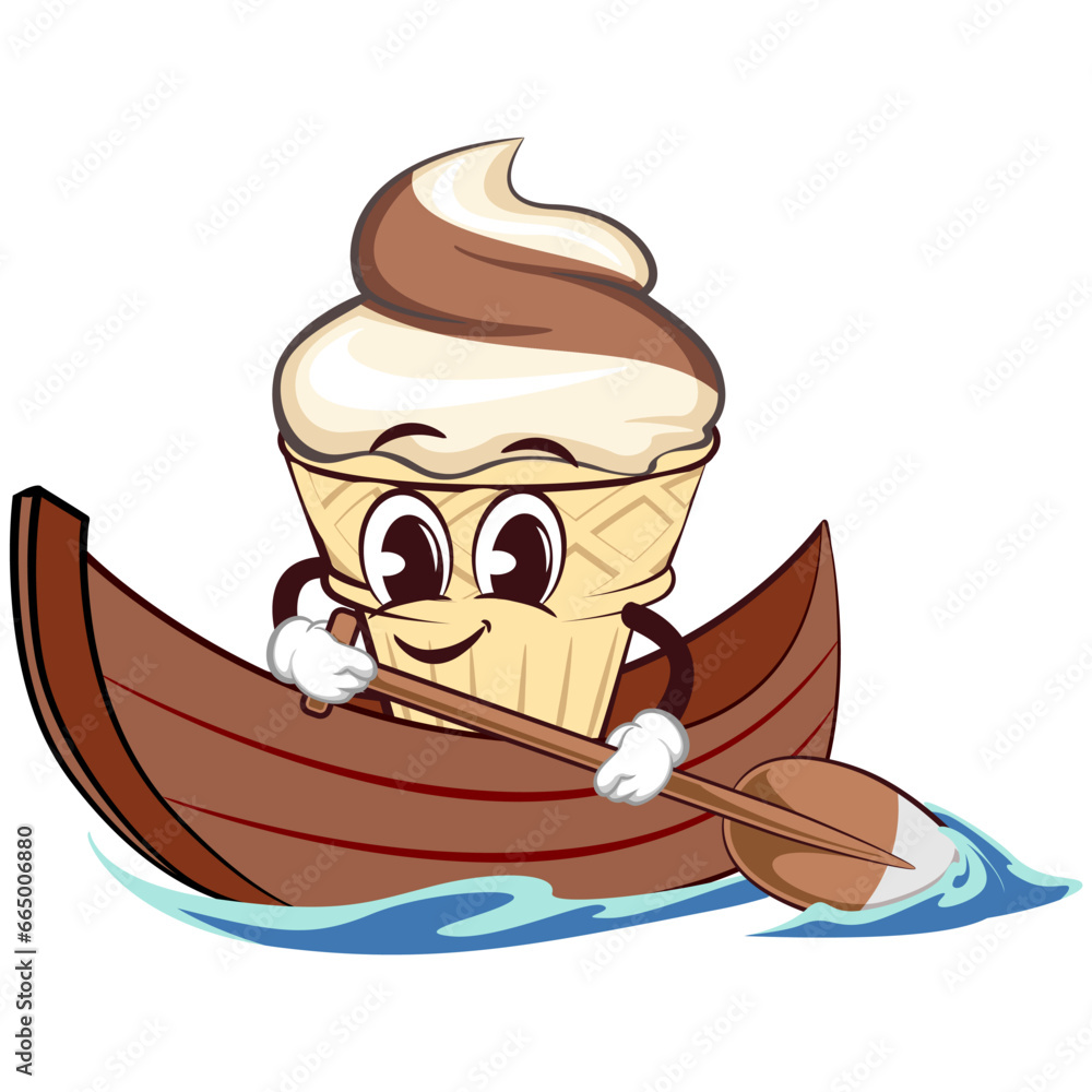 Ice cream character mascot with funny face rowing a boat, isolated ...