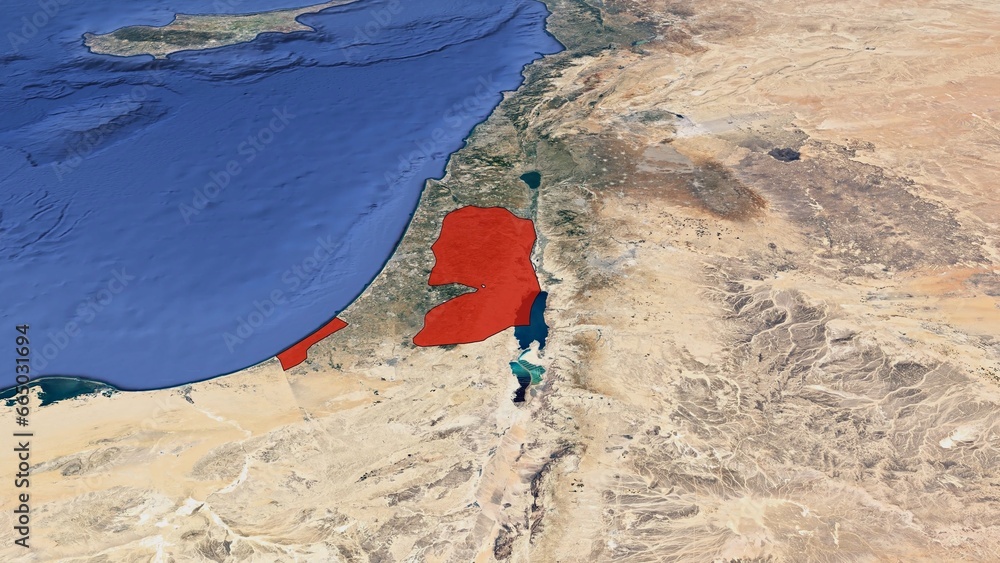 A 3D satellite image map of the earth showing the Palestinian ...