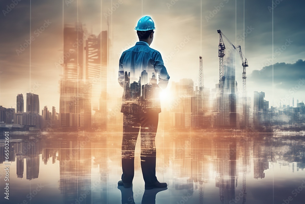 The double exposure image of the engineer standing back during sunrise ...