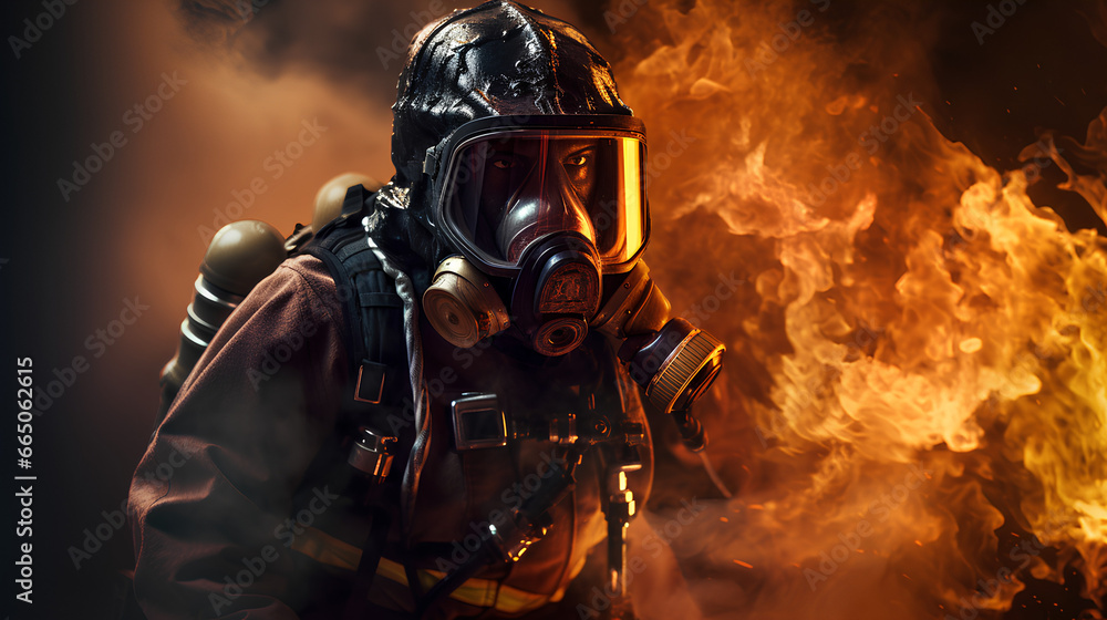Firefighter training., fireman using water and extinguisher to fighting ...