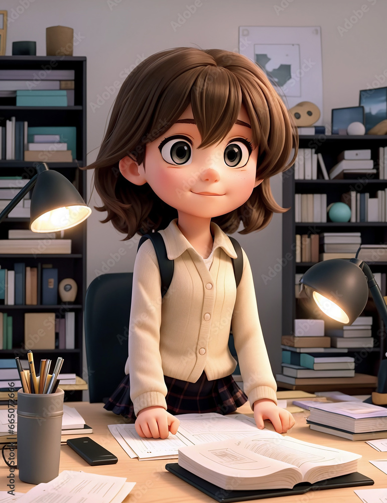 3D animation style portrait of a cute girl in a study area. Cartoon ...