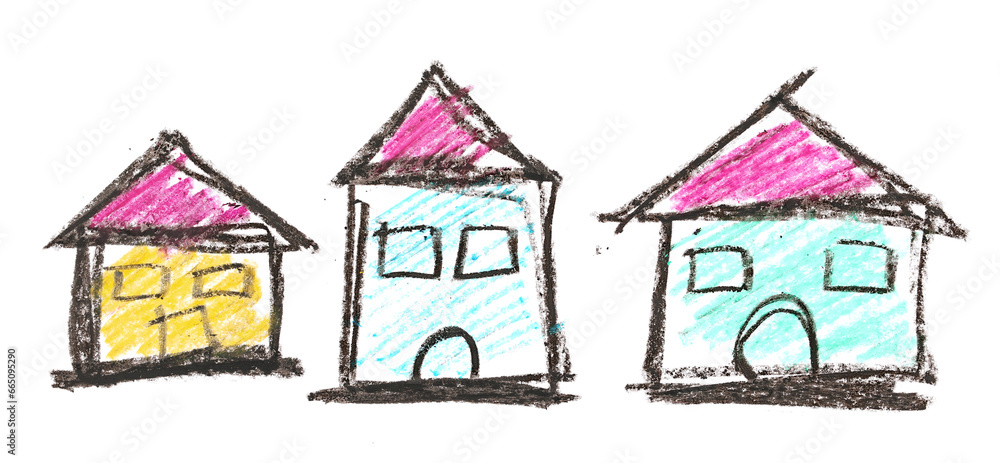 Photo grunge hand draw, scribble set colorful house, wax pastel, crayon ...