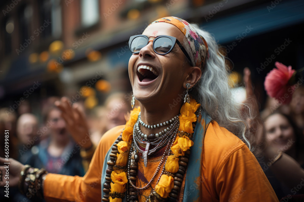 A Hare Krishna devotee chanting and dancing, spreading joy and devotion ...