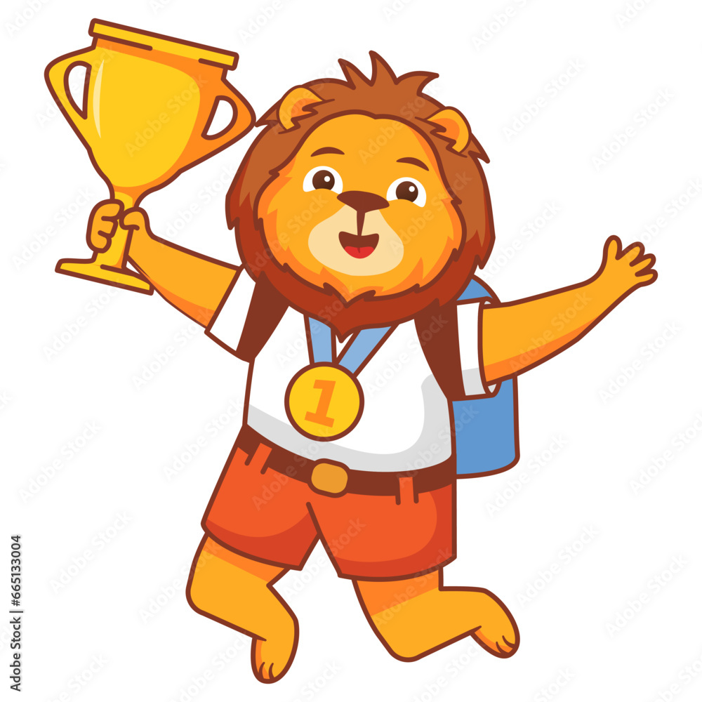 Happy cute kid lion win game gold trophy.Little lion character with ...