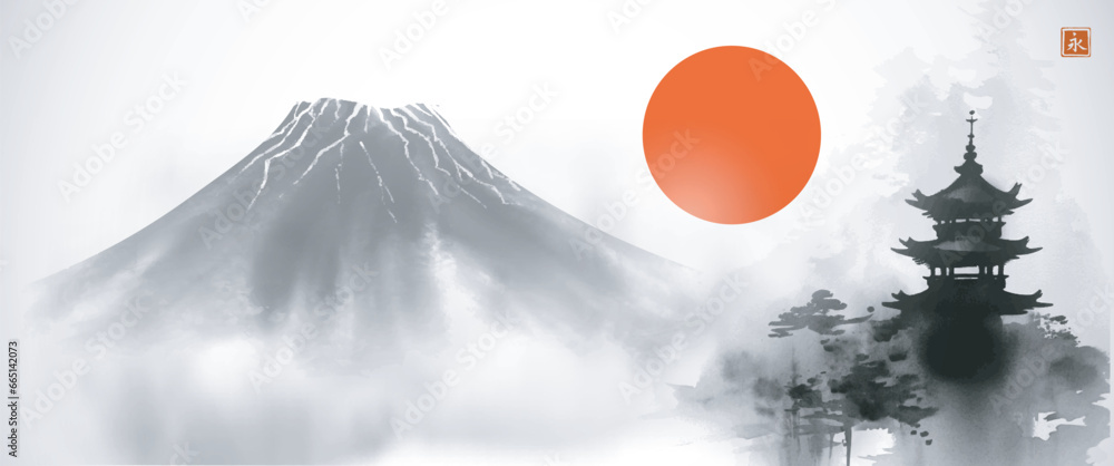 Image vectorielle Stock Serene sumi-e painting of Mount Fuji, a ...