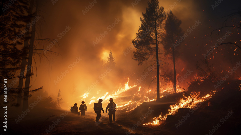 Firefighters in action, battling a large forest fire, flames and smoke ...