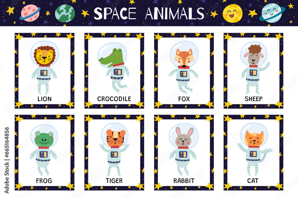 Space animals flashcards collection with cute astronaut characters ...