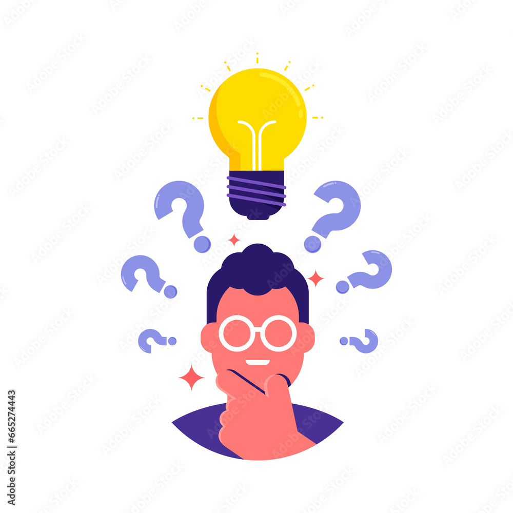 Man is thinking standing under question marks, problem solving concept ...