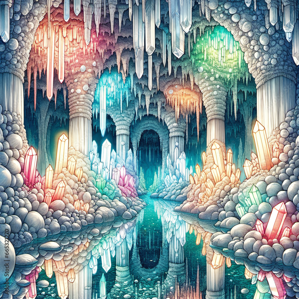 An illustration of a crystal cavern, where the walls are adorned with ...