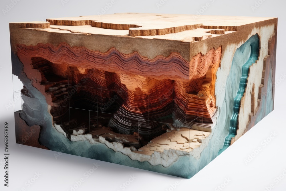 3D model cross section of land and river See the soil layers, rock ...