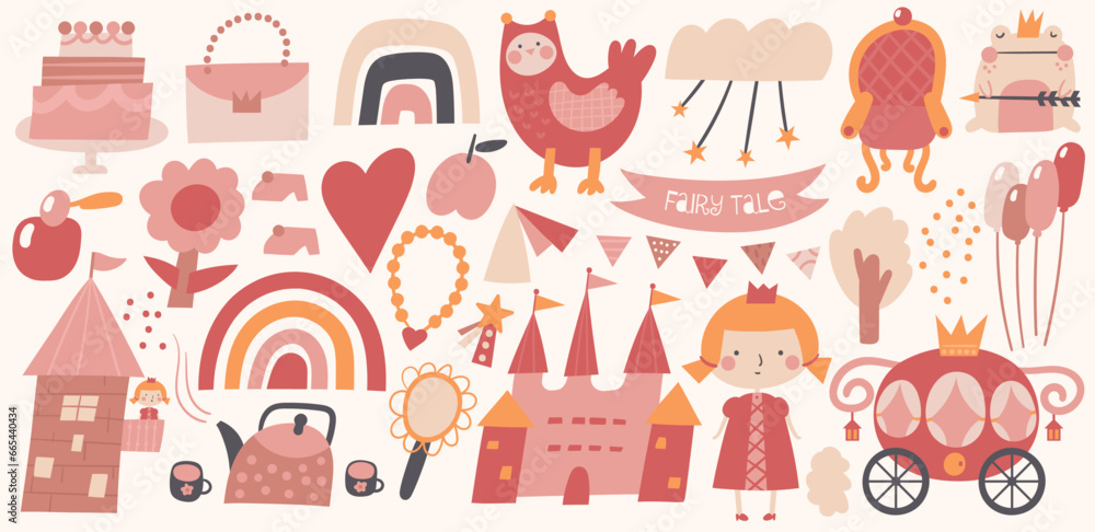 Fairy tale princess objects set. Cute hand drawn doodle girly kingdom ...