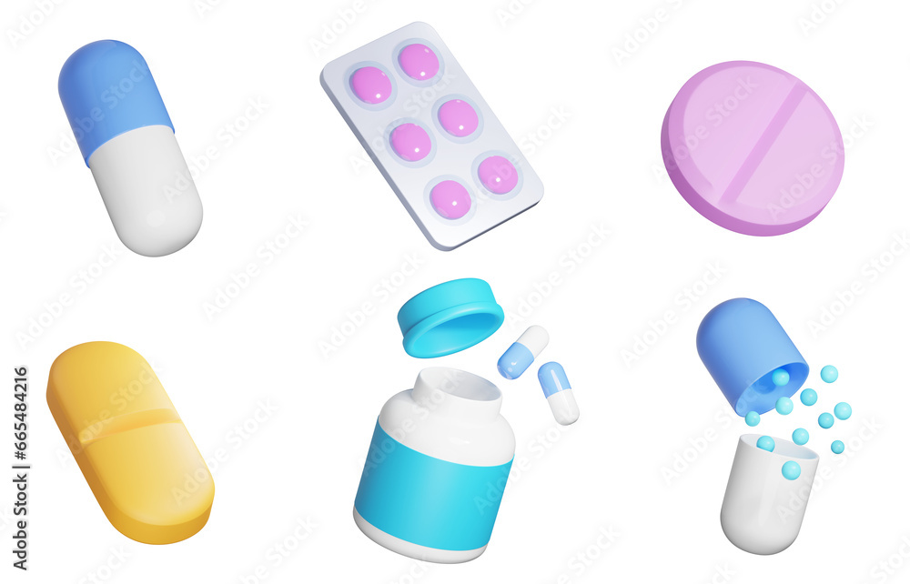 Pills, medicines and drugs, 3d icon set. Different forms of tablets. 3D ...