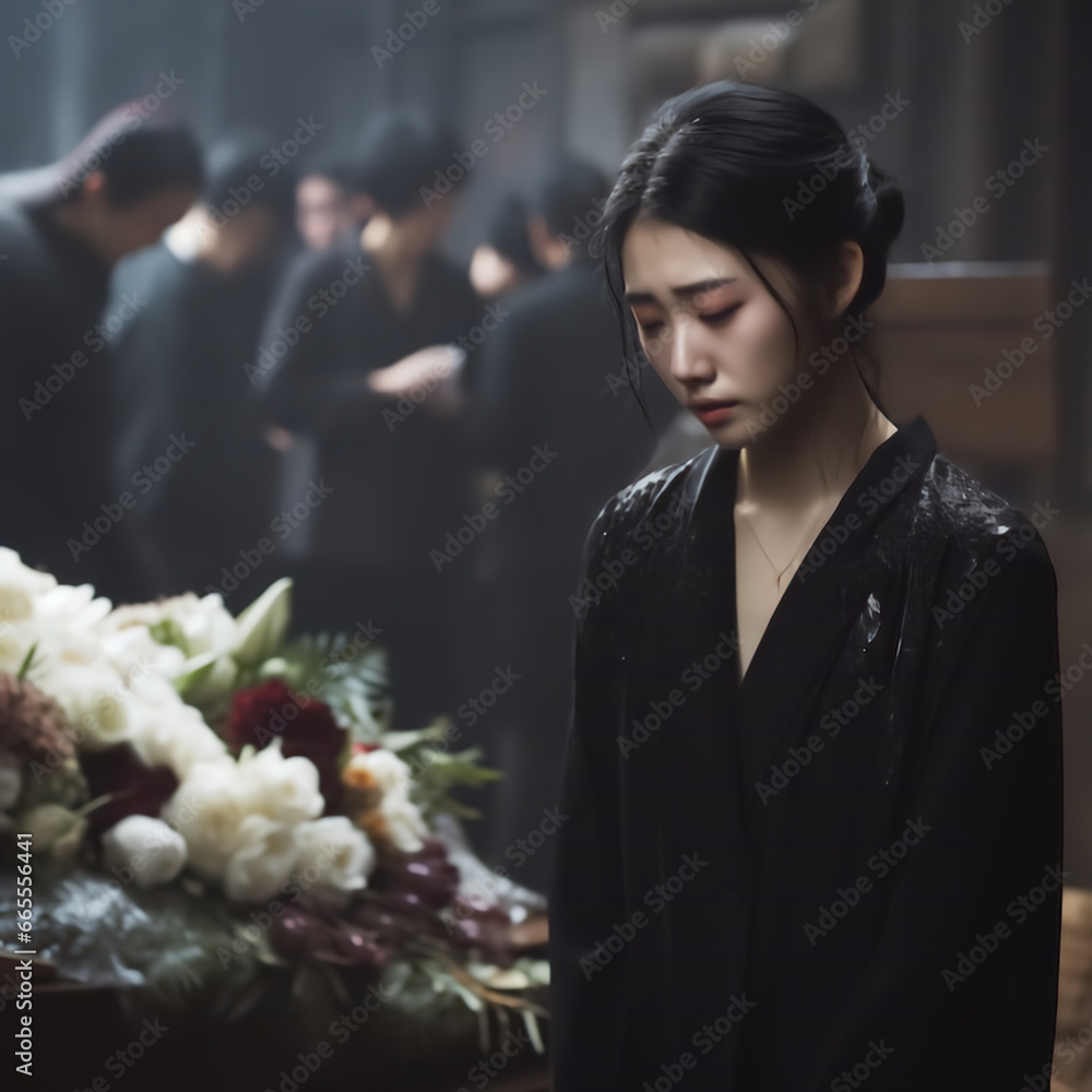 sad wife with black suit crying in the funeral emotionally from losing ...