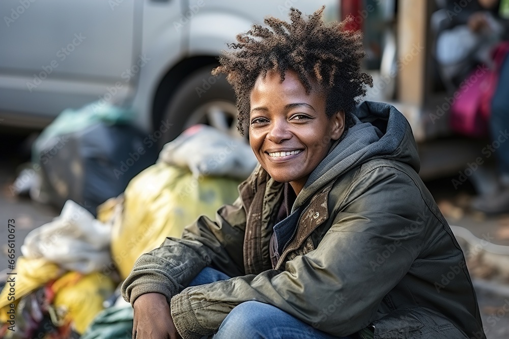 homeless woman sitting on the street and smiles Stock Photo | Adobe Stock