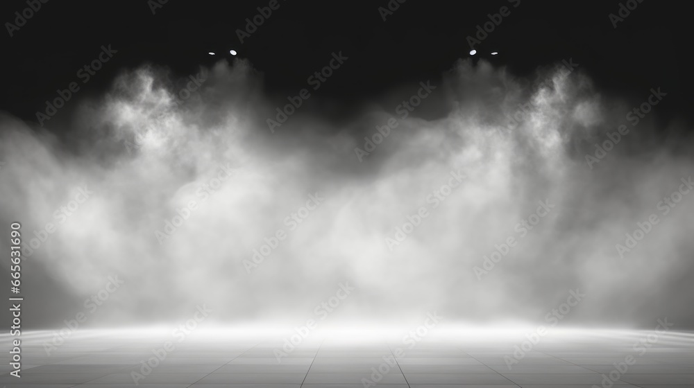 Illuminated stage with scenic lights and white smoke. White vector ...