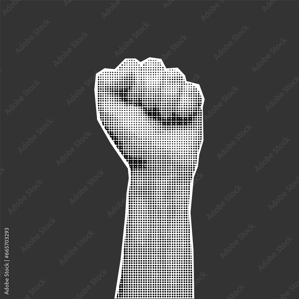 Halftone collage element of fist raised to the sky isolated on a dark ...
