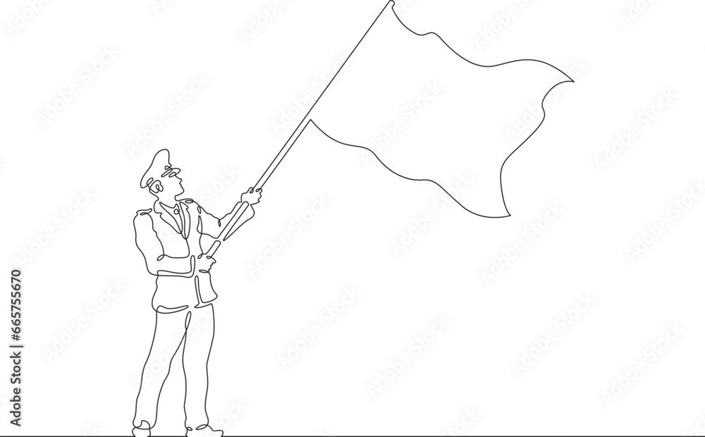 AA military man with a flag in his hands. Officer in military uniform ...