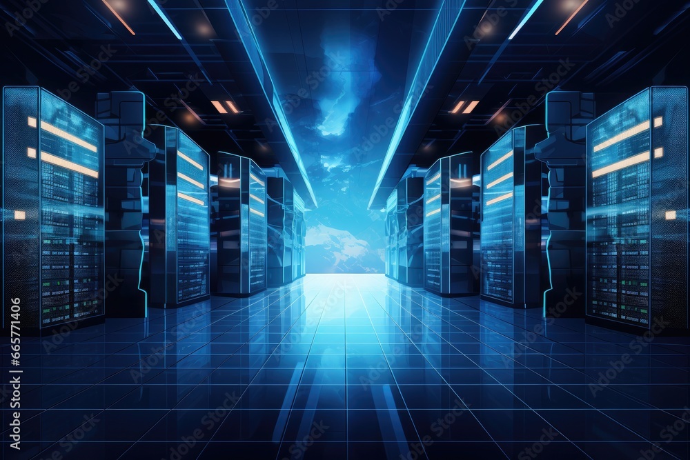 Server room data center with bright blue lights 3D rendering toned ...
