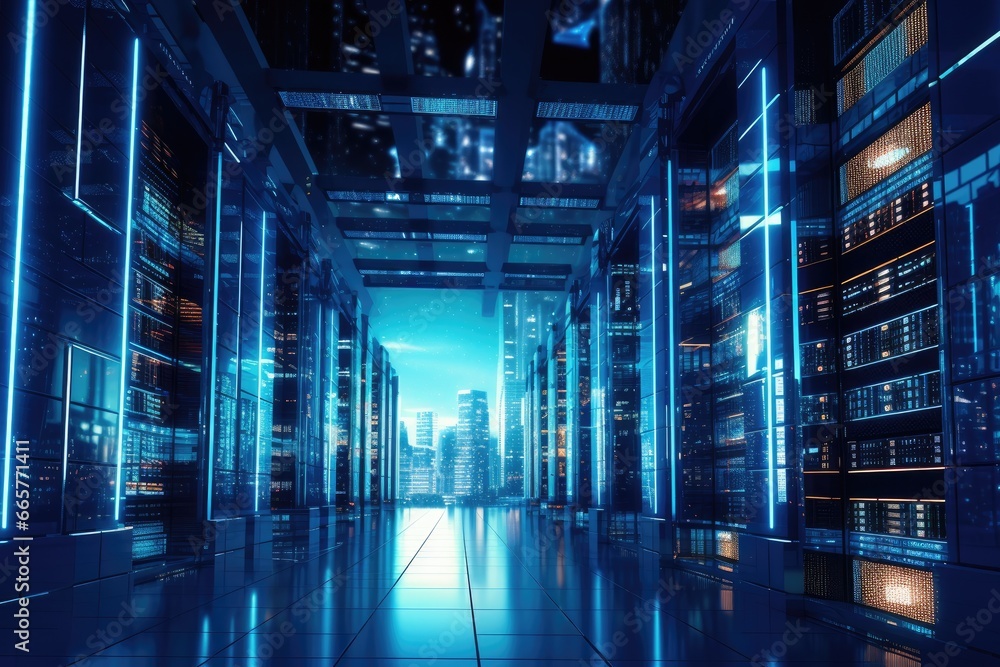 3D rendering of server room data center with bright blue lights, IT ...