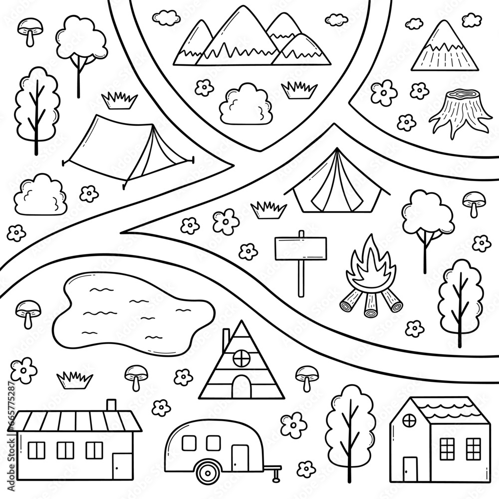 Kids camping map doodle. Village map with mountains, forest, roads ...