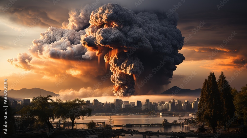 Nuclear explosion day or night. Stormy sky, shock wave against the ...