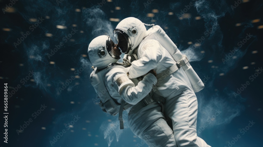 Sex in space concept. Two astronauts kissing in space Stock Photo ...