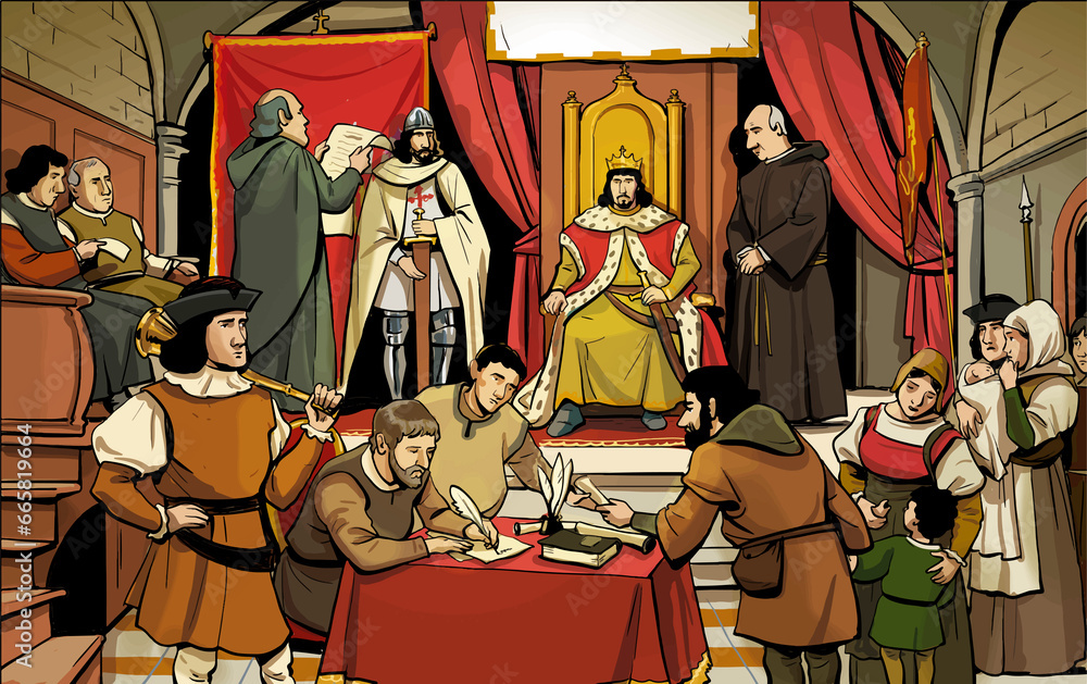 Illustration of medieval king on his throne. Feudal kingdom and payment ...