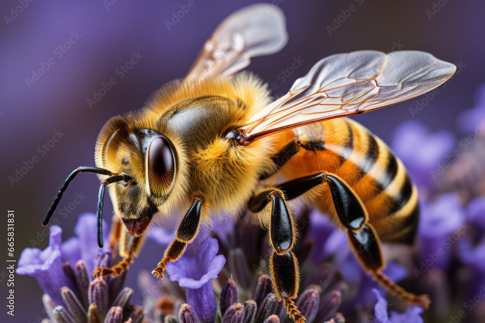 A bee hovering over a blooming lavender plant, capturing the moment of ...