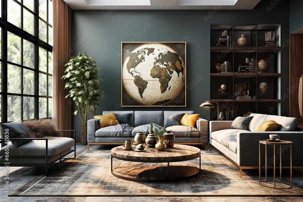 Global Fusion: Craft an image of a modern living room where globally ...