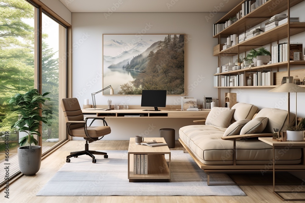 Workspace Integration: Illustrate a modern living room that seamlessly ...
