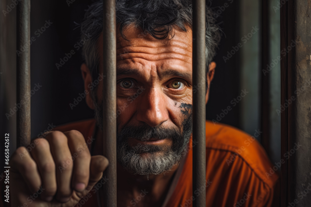 Portrait of prisoner behind bars, criminal serving his death row, man ...