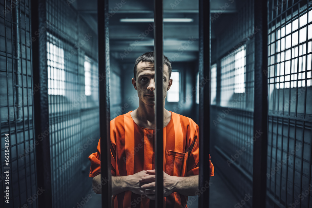Stock-Foto „Portrait of prisoner behind bars, criminal serving his ...