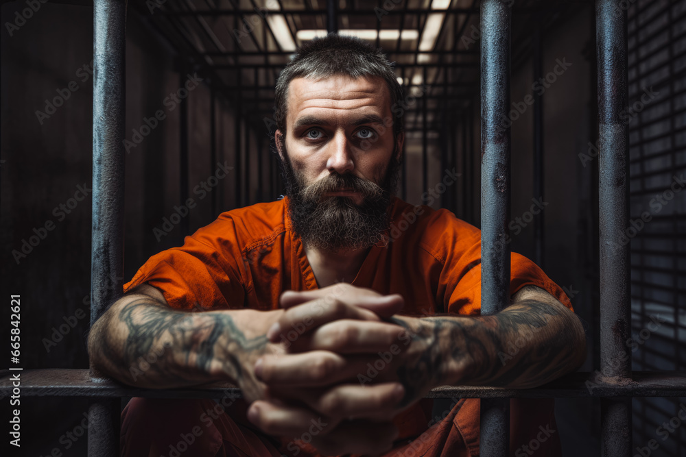 Portrait of prisoner behind bars, criminal serving his death row, man ...