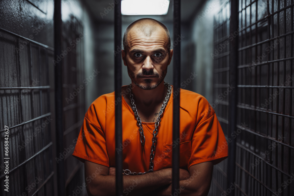 Portrait of prisoner behind bars, criminal serving his death row, man ...