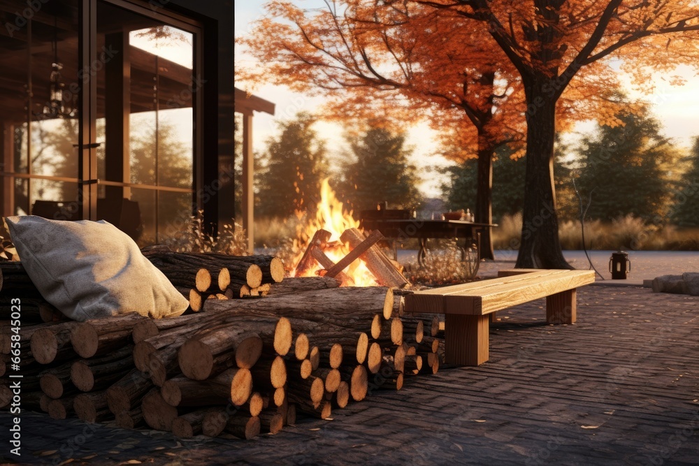 Enchanting Fall Backyard Oasis: Cushioned Bench, Warm Bonfire, Stacked ...